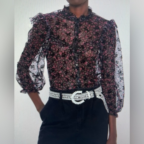 Zara | Tops | Zara Floral Print Long Sleeve Ruffle Blouse Medium ...